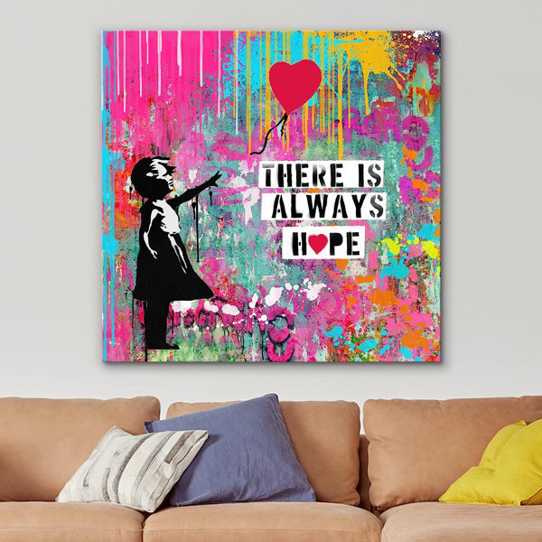 IDEA4WALL Pop Urban Street Girl and Heart Balloon Banksy There is Always Hope Colorful Canvas ...